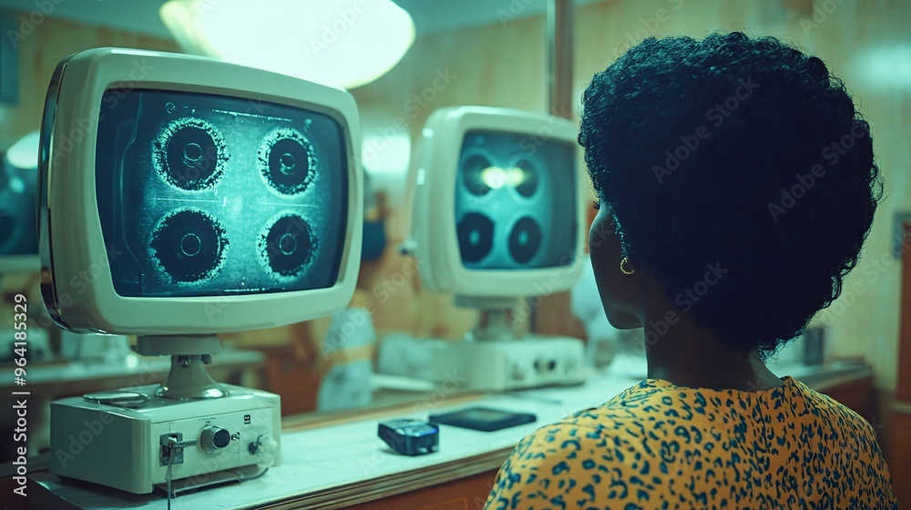 Retro Eye Doctor with AI Assistant An ophthalmologist in a 50s-60s ...