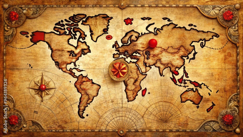 Vintage-style world map with red and gold pins marking exotic ...