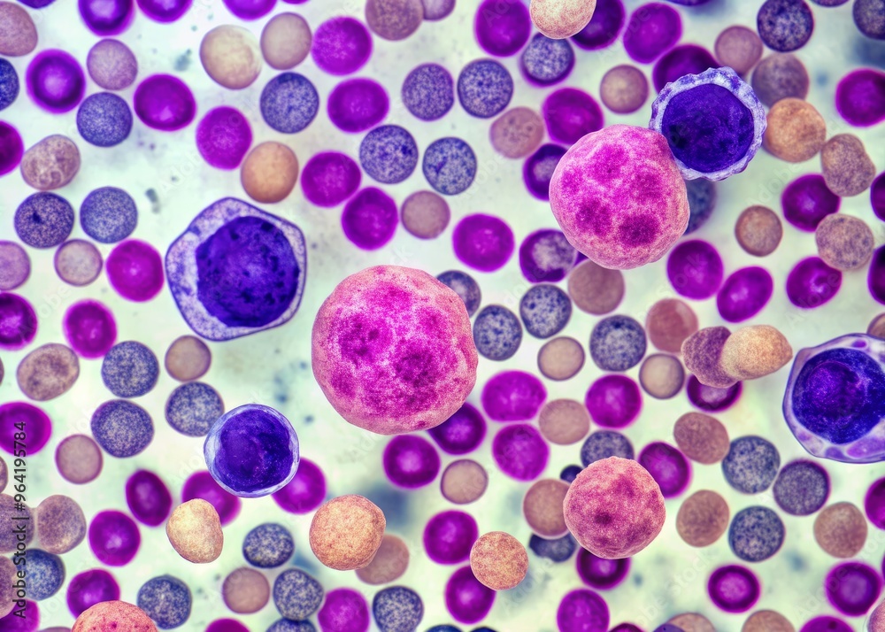 "Magnified bone marrow biopsy showing plasma cells with irregular nuclei and multiple myeloma ...