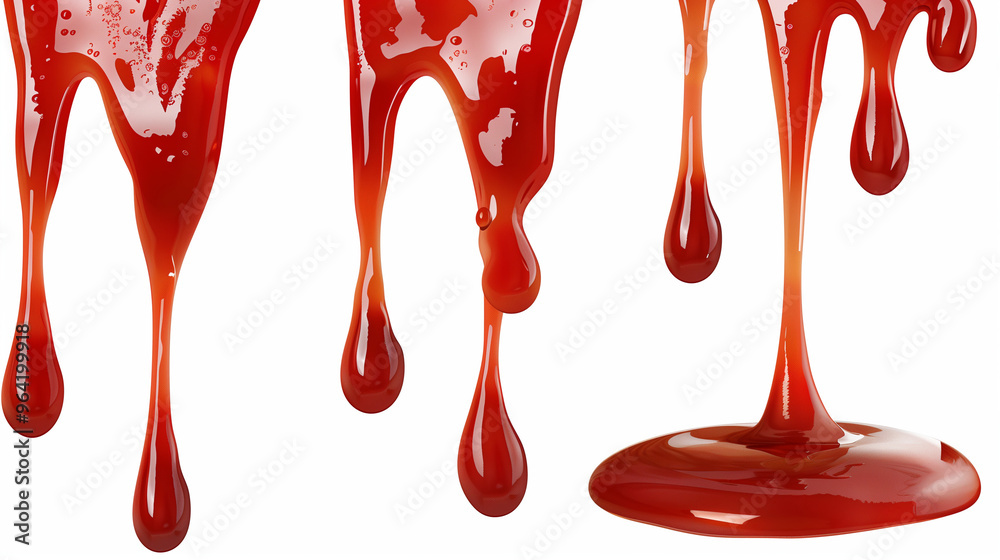 Ketchup drips multiple angles front left right back, long slender drops ...