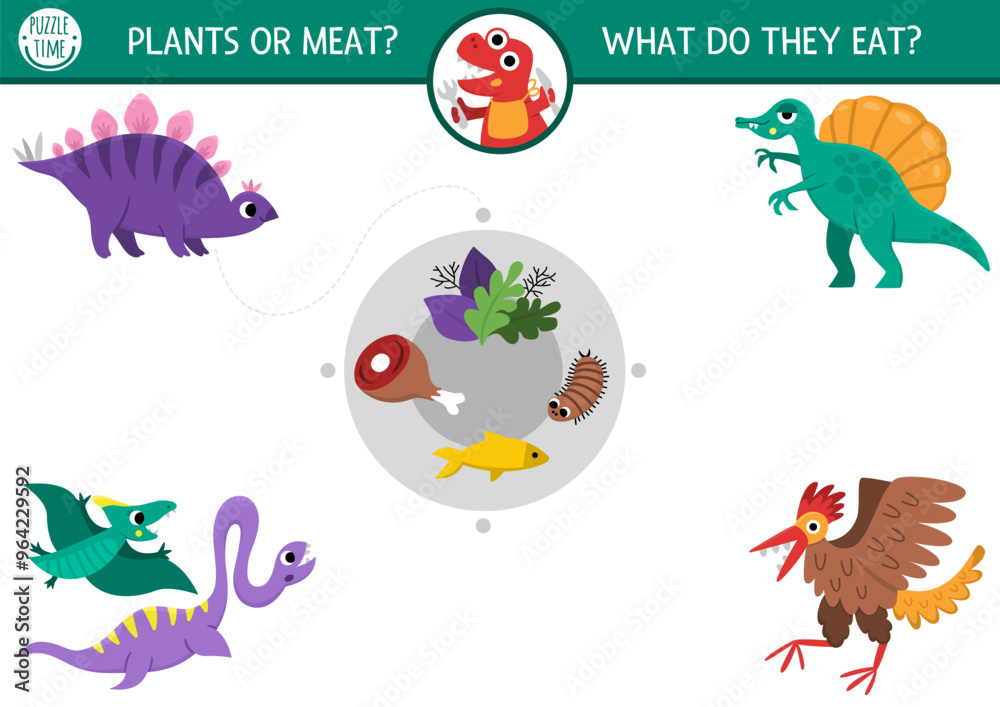 Dinosaur matching activity with cute animals and food they eat ...