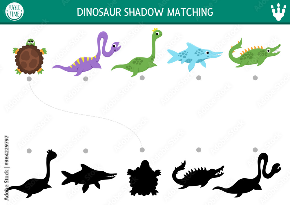 Dinosaur shadow matching activity with water animals. Prehistoric ...