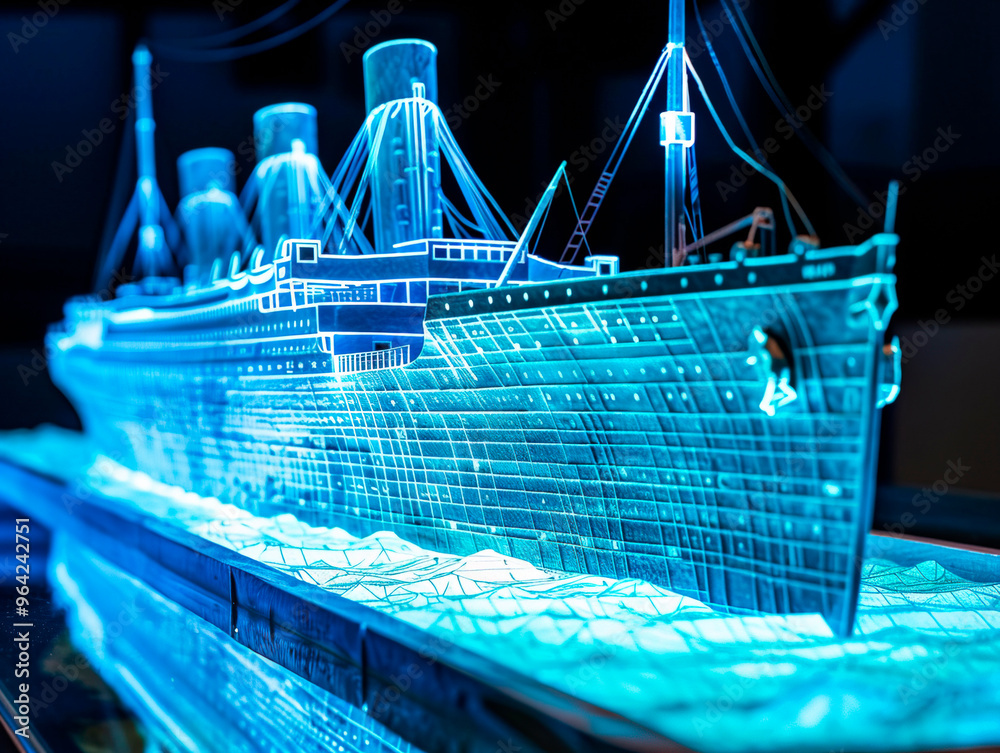 Titanic visualization with augmented reality Transparent Titanic in studio drawing in blue ...