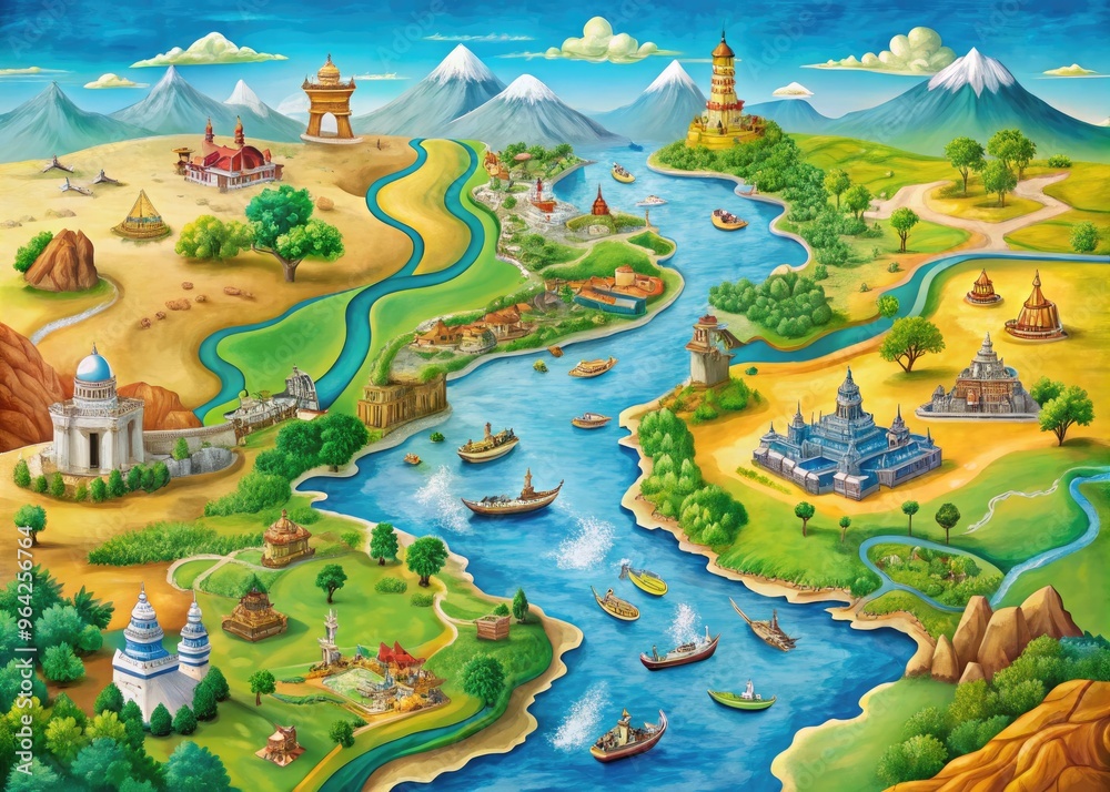 Colorful illustrated map of India showcasing major rivers including the ...