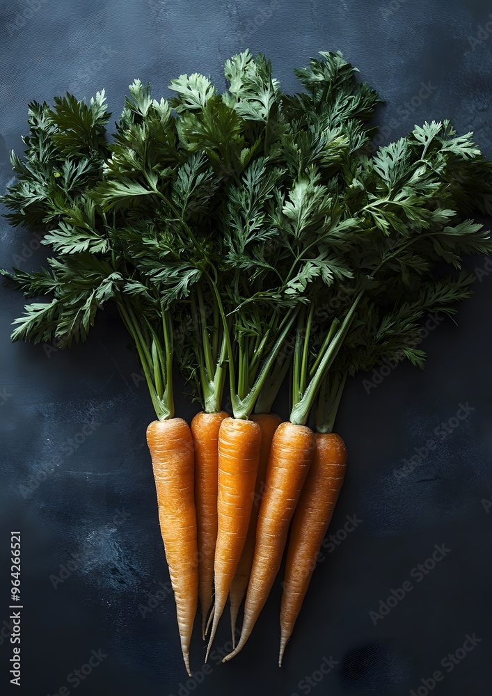 A bunch of carrots are displayed on a black background. The carrots are ...
