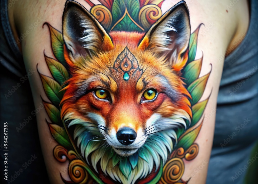 Intricate And Vibrant Tattoo Of A Fox With Piercing Gaze And Flowing ...