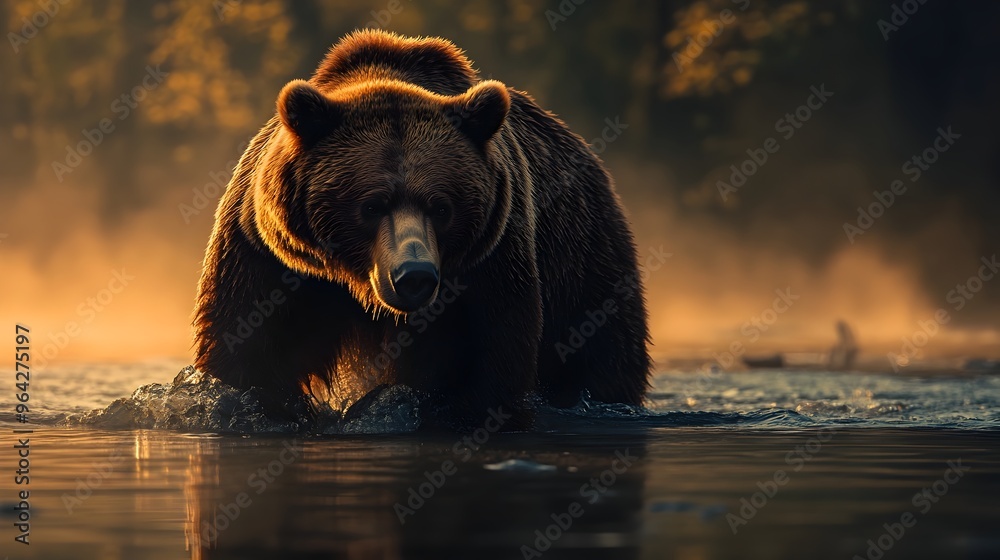 Grizzly bear stalking through river at dawn its powerful muscles ...