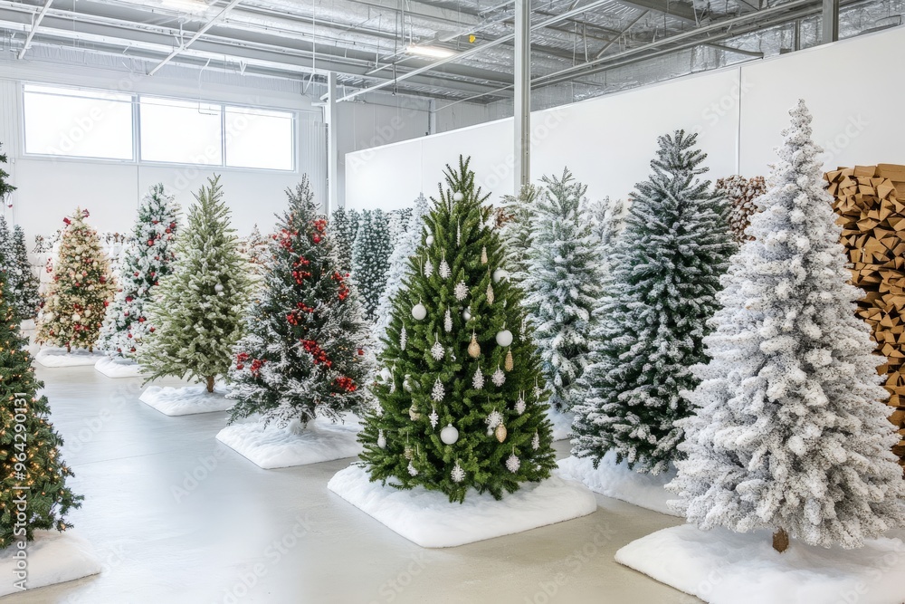 Artificial christmas trees display in a modern showroom with festive ...