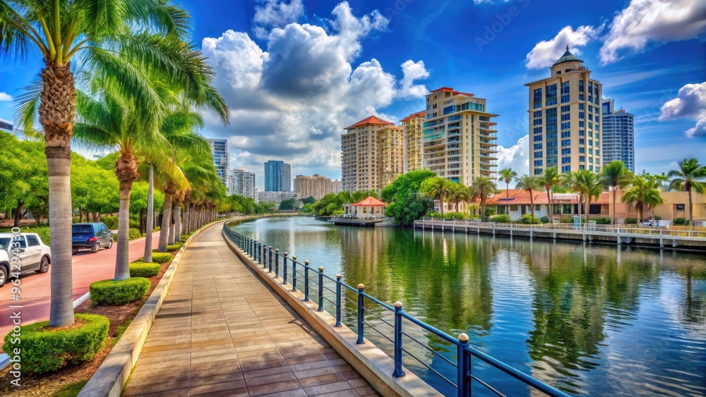 Tranquil Riverfront Promenade Lined With Lush Greenery And Vibrant ...
