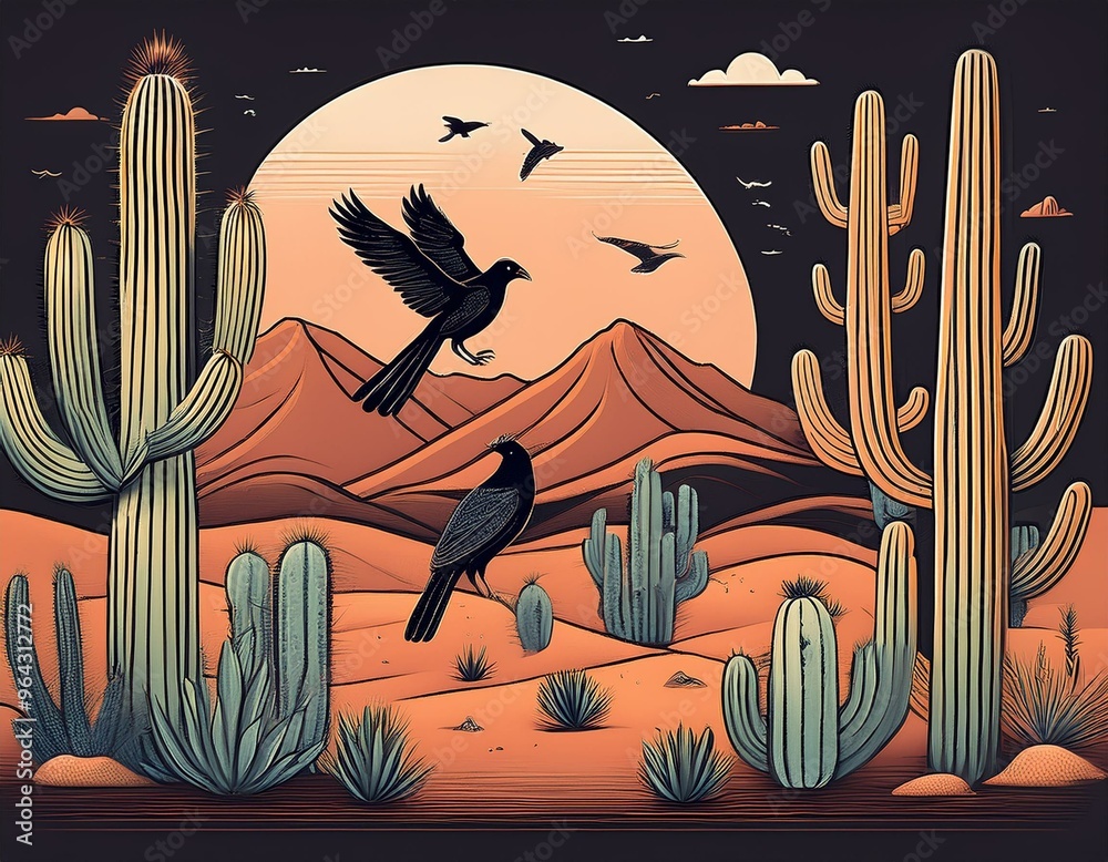 Desert Companions conceptual illustration with different types of cacti ...