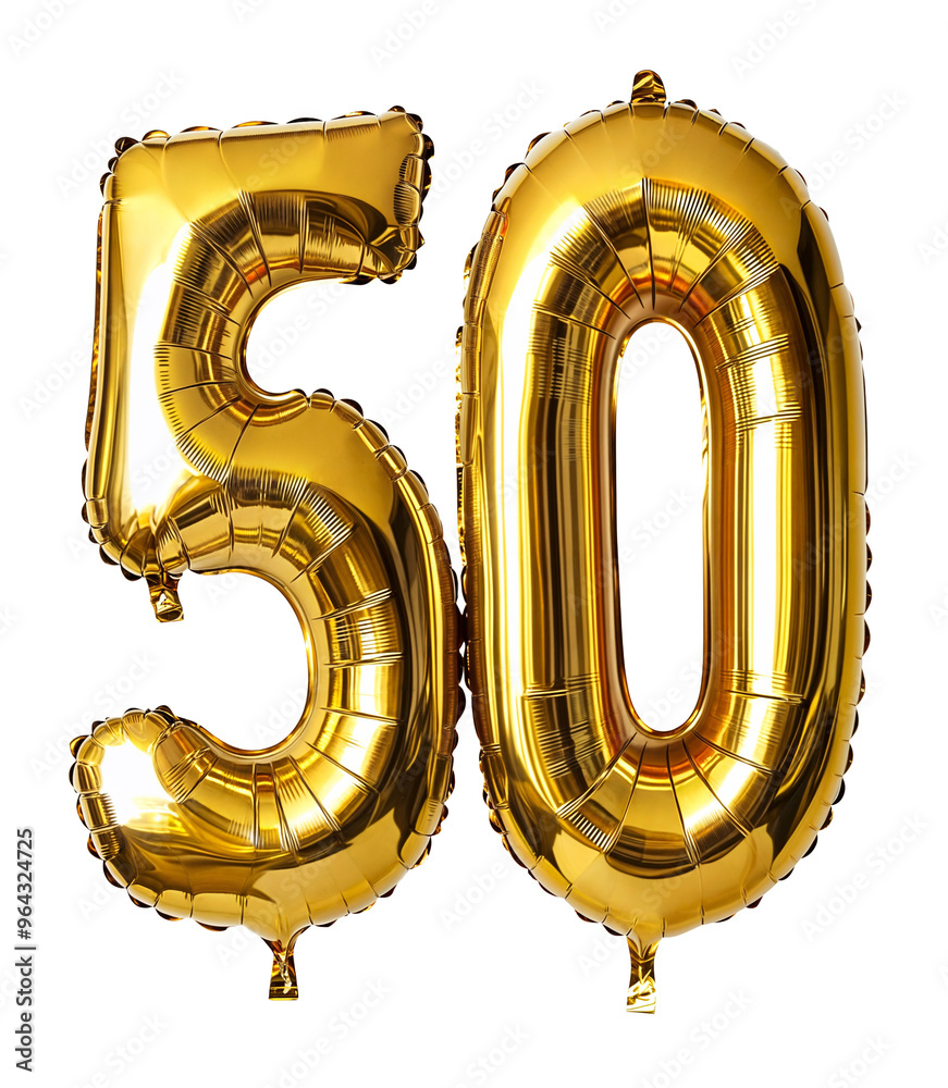 Gold balloon in the shape of number 50 floating on a transparent ...