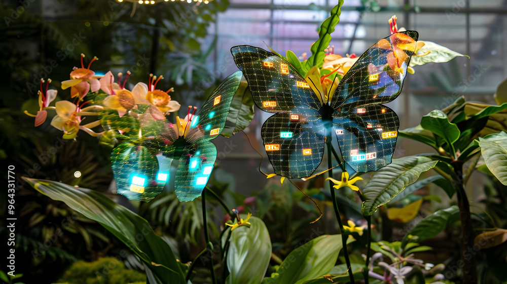 Butterfly garden where wings display dynamic QR codes and flower nectar ...