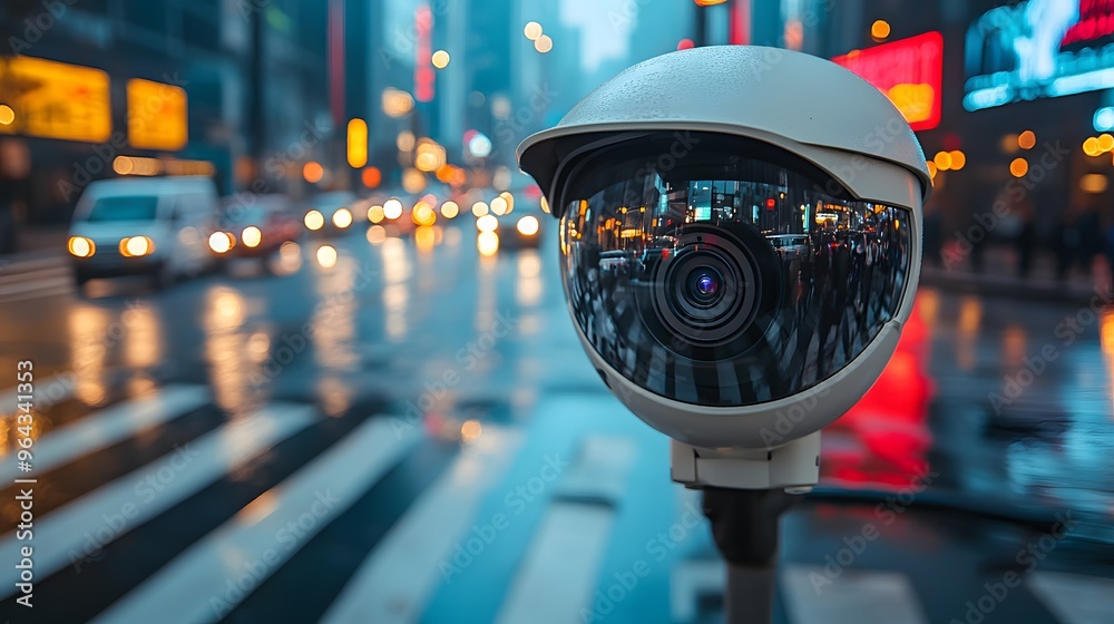 CCTV camera positioned at a busy intersection, recording pedestrian and ...