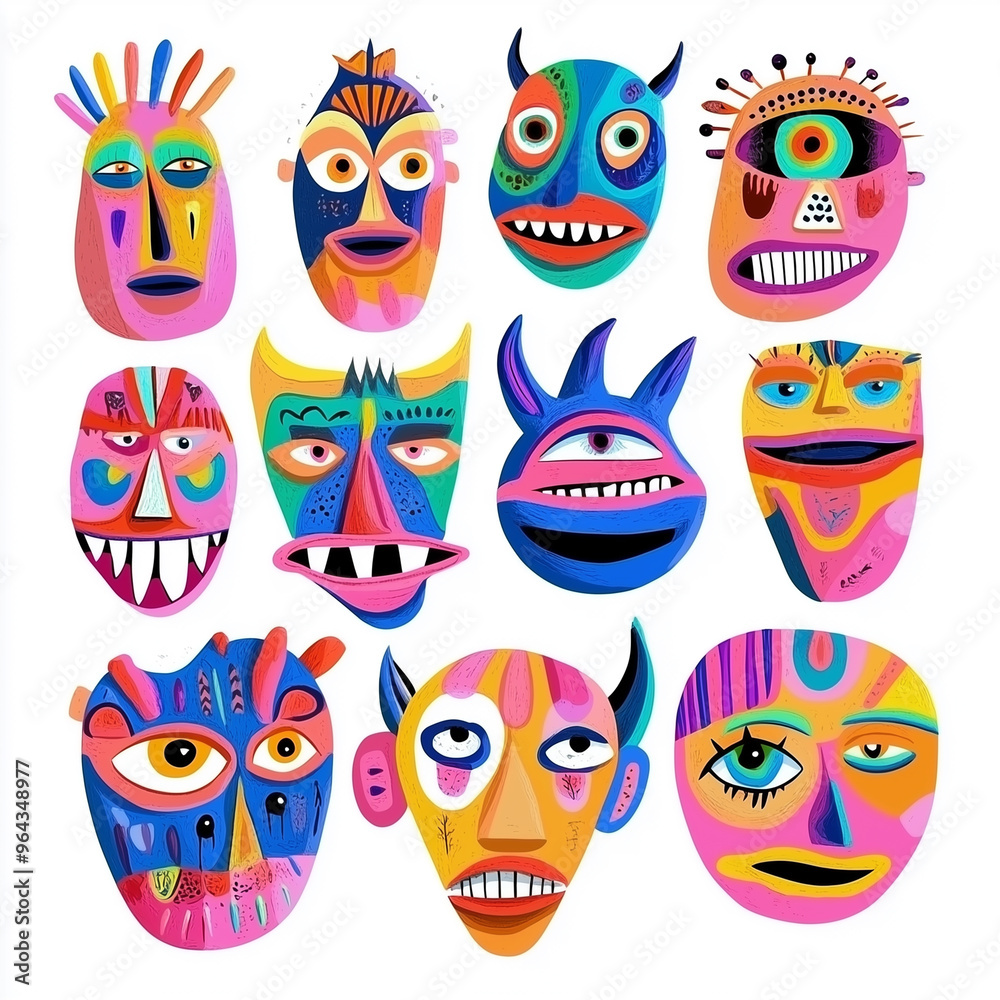 Safety tribal masks icons. Crazy mask or abnormal horror emotional ...