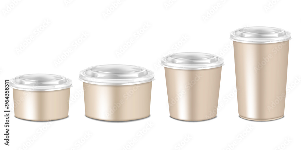 Craft paper bowl and cup with clear plastic lid set. 3d mockup ...