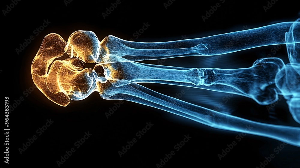An x-ray-style image showing a damaged knee joint, with fractured bones ...