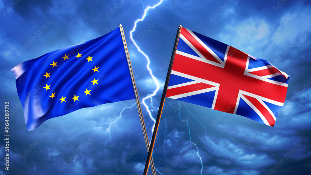 UK and EU flags. Relationship between European union and England. State ...