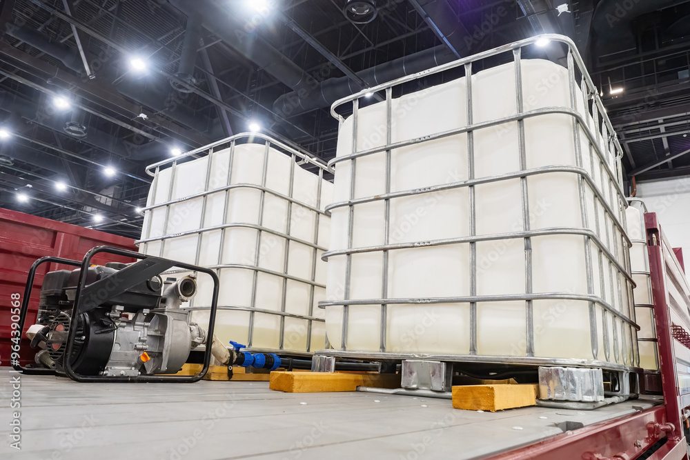 IBC in industrial building. Plastic barrels in warehouse. IBC tanks in ...