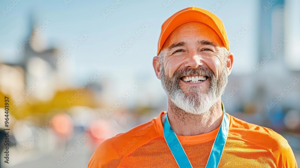 Exhausted but smiling runner receiving a medal after crossing the ...