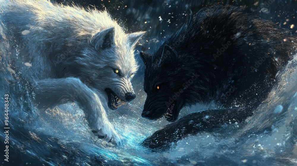 White wolf versus black wolf in an epic battle, capturing the struggle between good and evil ...
