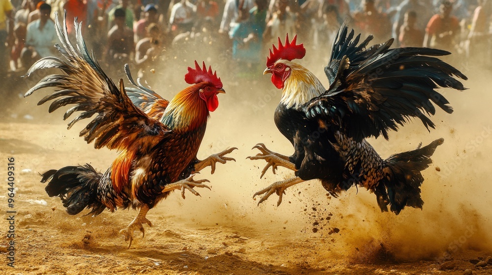 Two fierce roosters in mid-air combat, wings flapping aggressively ...