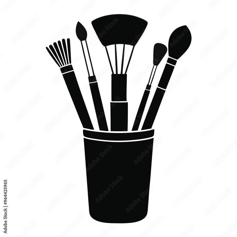 a black silhouette of a container holding various makeup brushes. There ...