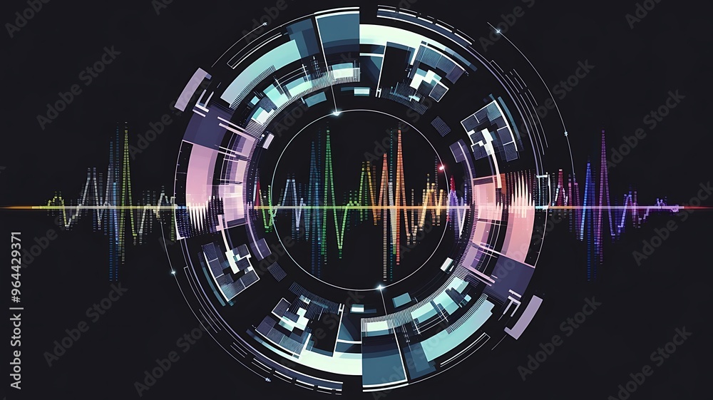 A mesmerizing circular waveform animation background featuring vibrant colors that pulse and ...