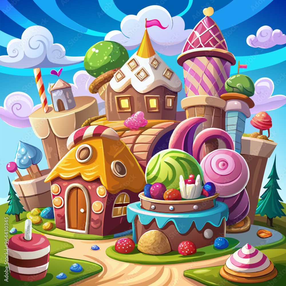 Chocolate candy land house fantasy cartoon game set. Confectionery ...