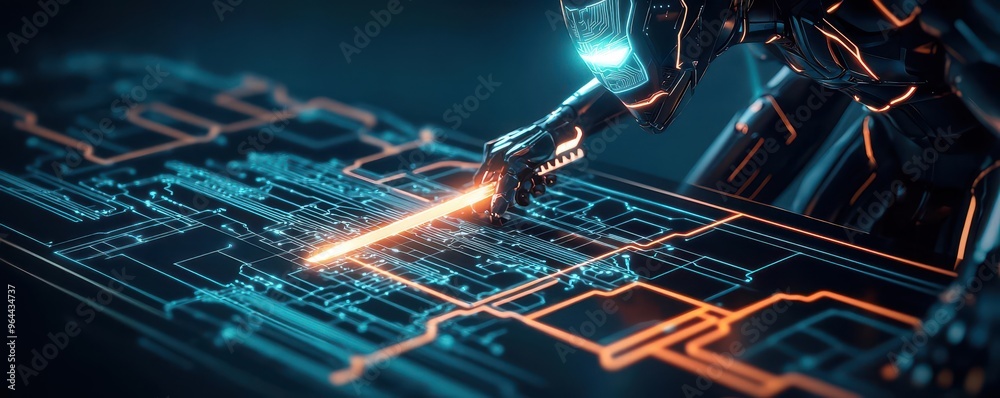 Female AI avatar with cyber armor and a glowing sword, standing guard ...