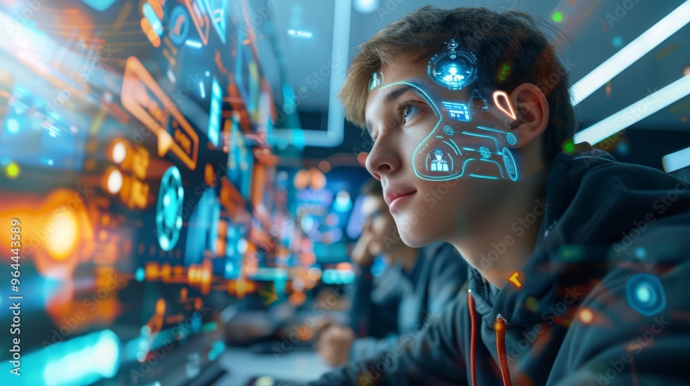 A virtual lecture hall with students attending through 3D holograms and ...