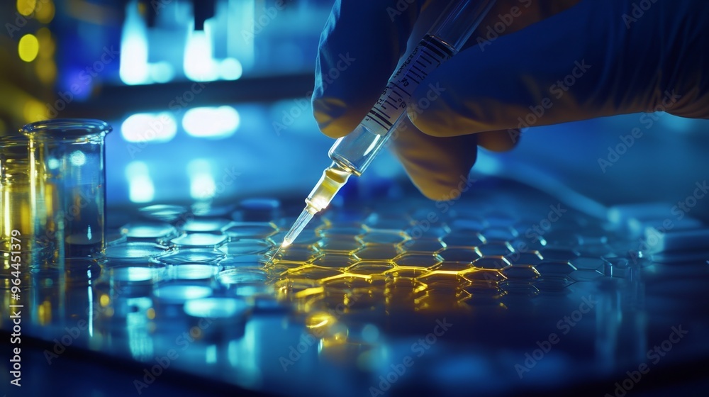 Close-up of a scientist's gloved hand injecting a precise solution into ...