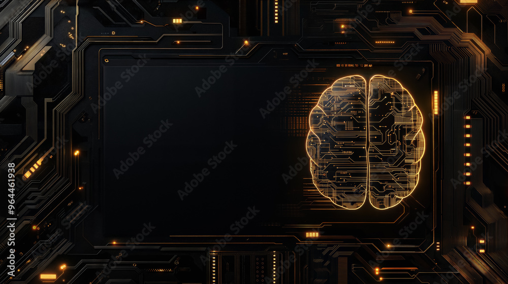 Glowing gold brain with circuit board design on dark backdrop ...