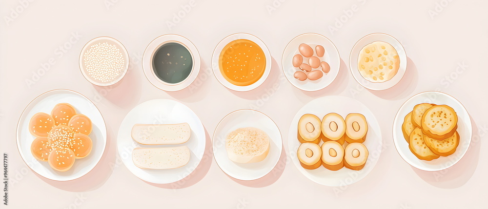 A flat illustration of traditional Chuseok foods, featuring songpyeon ...