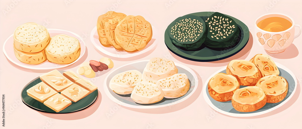 A flat illustration of traditional Chuseok foods, featuring songpyeon ...