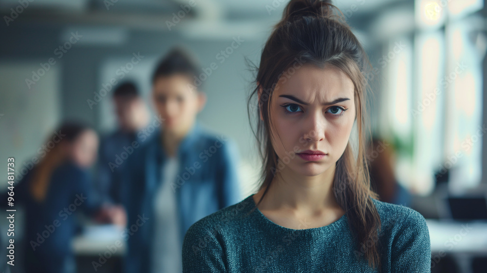 A sad, unhappy depressed businesswoman standing office and a blurred ...