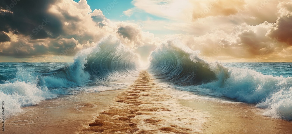 Ocean splitting open to create a wide pathway, portraying Moses parting ...