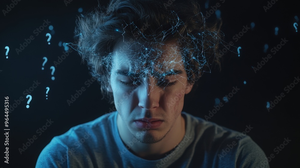 Sad young man with worried stressed face expression and brain melting ...