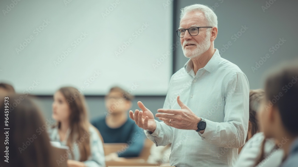 A professor giving a lecture in a university classroom, standing at the ...
