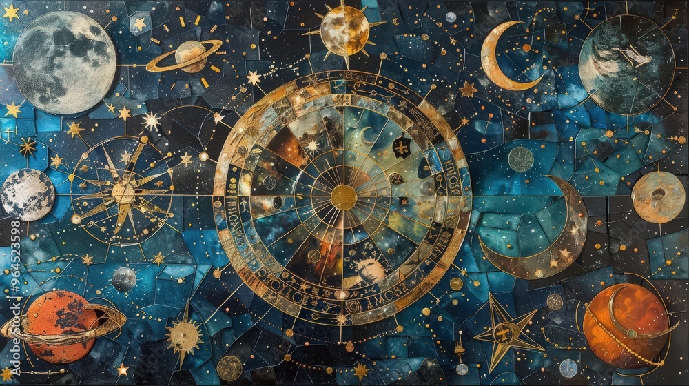 Ilustração Intricate cosmic map featuring planets, moons, and ...