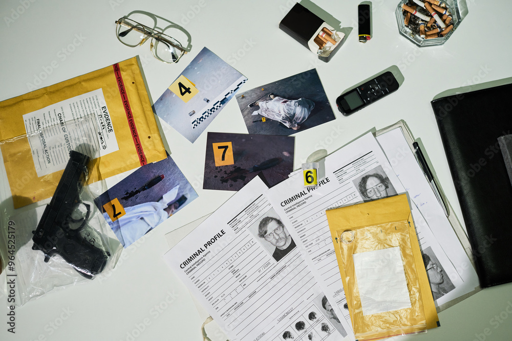 Collection of crime scene evidence on an office desk includes ...