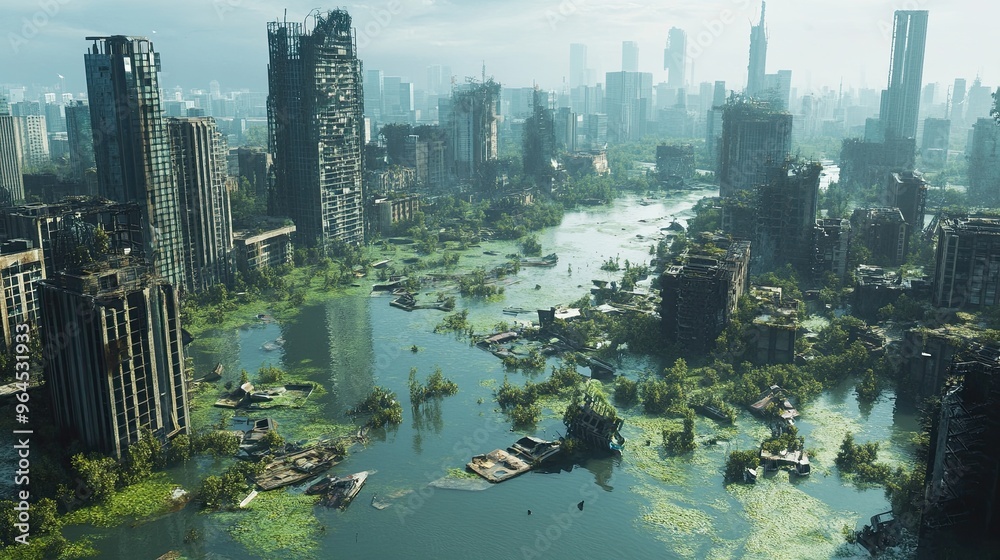 Dystopian cityscape depicting climate change impacts with rising water ...