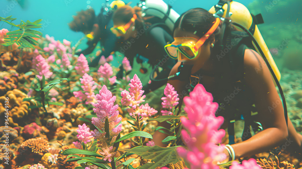 Scuba divers carefully planting coral in a vibrant reef, participating ...