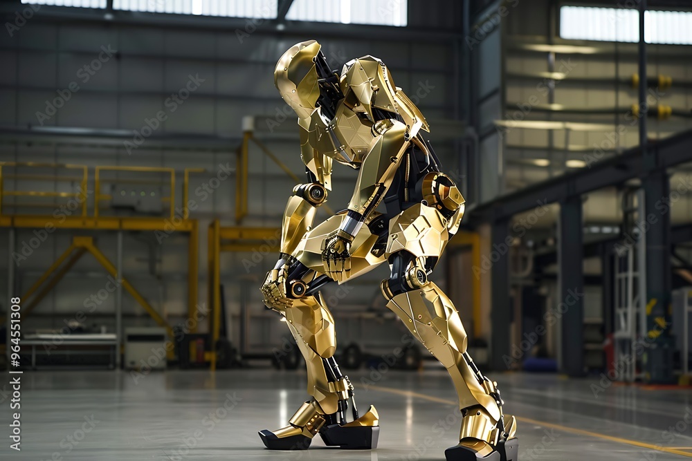 A golden robotic exoskeleton suit designed to enhance human strength ...