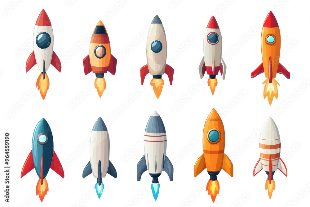 Set of colorful rocket illustrations in various designs and colors ...