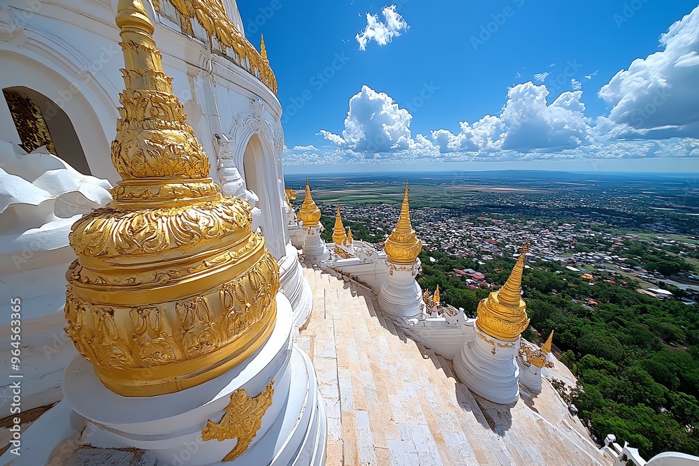 Temple with golden spires, rising above the city, a beacon of faith ...