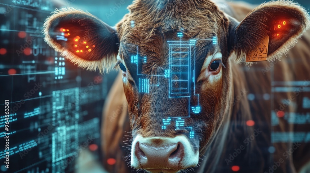 High-tech biometric monitoring system on a cow, highlighting advanced ...