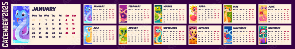 Colorful Snake wall calendar 2025. Cute set with Monthly Calendars ...