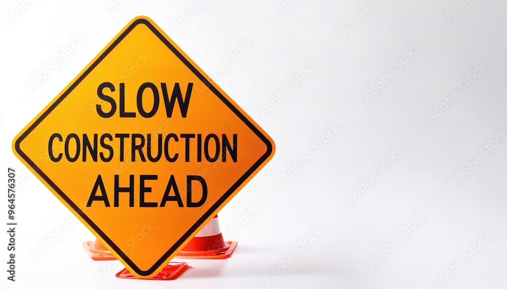 Slow construction ahead yellow diamond shaped metal road highway ...