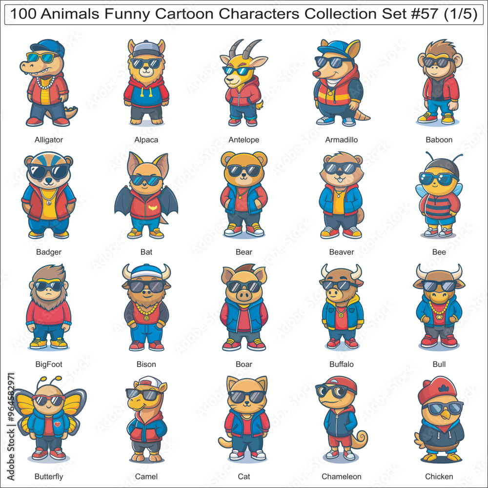 Animals Funny Cartoon Characters Collection Set of 100 Isolated Animals ...