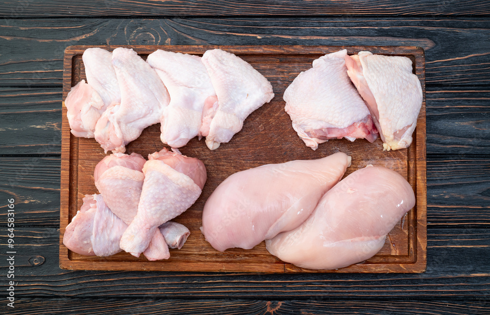 Raw mixed chicken meat parts for cooking on rustic background Stock ...
